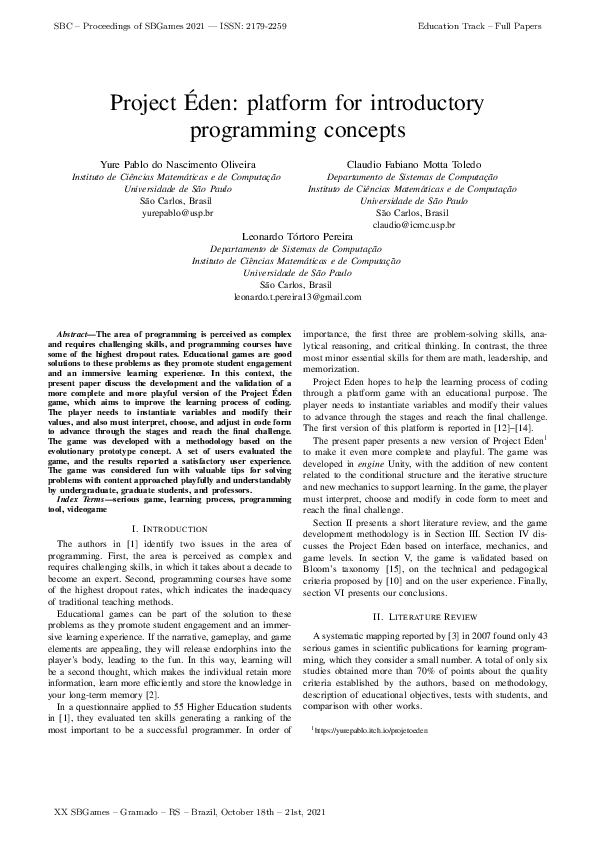 (PDF) Project Éden: platform for introductory programming concepts