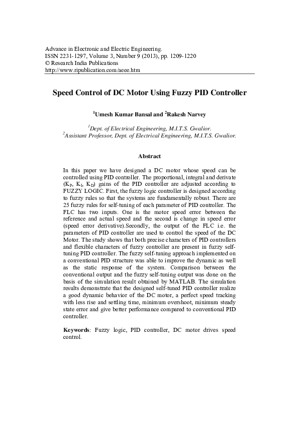 (PDF) Speed Control of DC Motor Using Fuzzy PID Controller