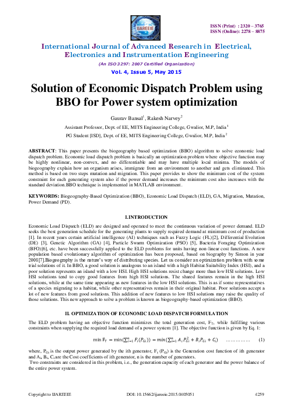 (PDF) Solution of Economic Dispatch Problem usingBBO for Power system optimization