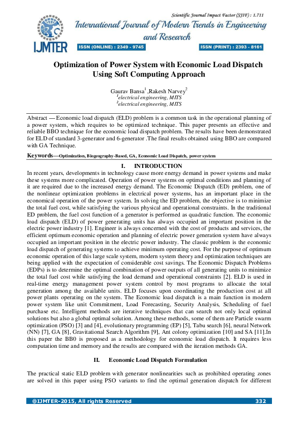 (PDF) Optimization of Power System with Economic Load Dispatch using Soft Computing approach