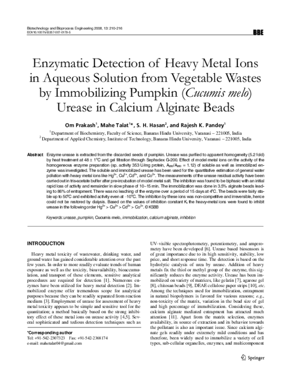 (PDF) Enzymatic detection of heavy metal ions in aqueous solution from ...
