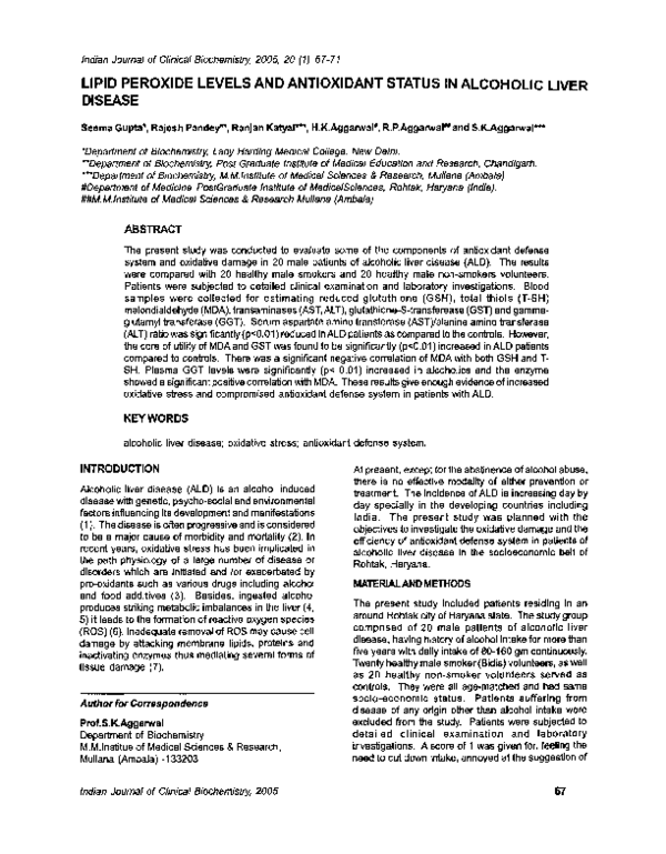 (PDF) Lipid peroxide levels and antioxidant status in alcoholic liver ...