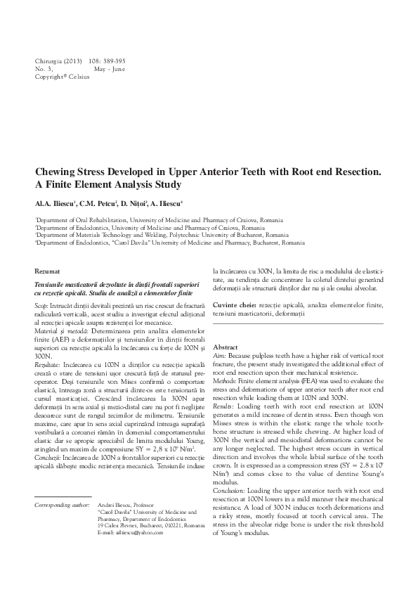 (PDF) Chewing stress developed in upper anterior teeth with root end ...