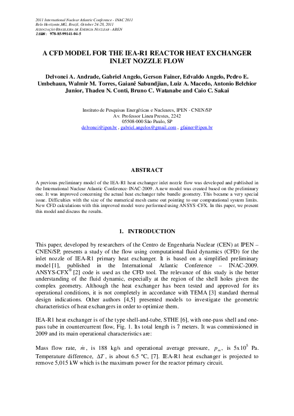 (PDF) A CFD Model for the IEA-R1 Reactor Heat Exchanger Inlet Nozzle Flow