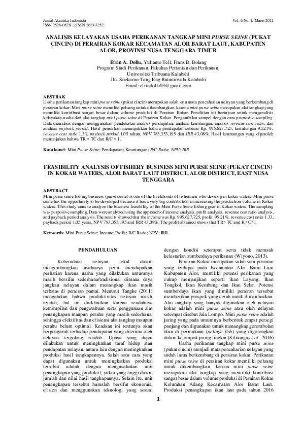 (PDF) Analisis Kelayakan Usaha Perikanan Tangkap Mini Purse Seine ... (PDF) Analisis Kelayakan Usaha Perikanan Tangkap Mini Purse Seine ...