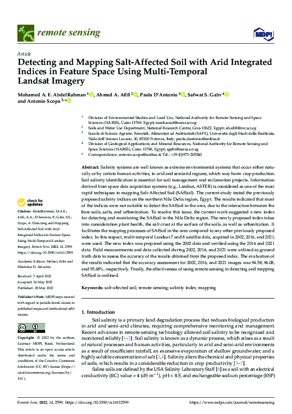 (PDF) Detecting and Mapping Salt-Affected Soil with Arid Integrated Indices in Feature Space ...