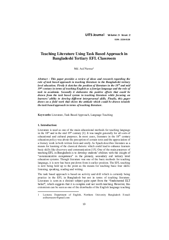 (PDF) Teaching Literature Using Task Based Approach in Bangladeshi Tertiary EFL Classroom