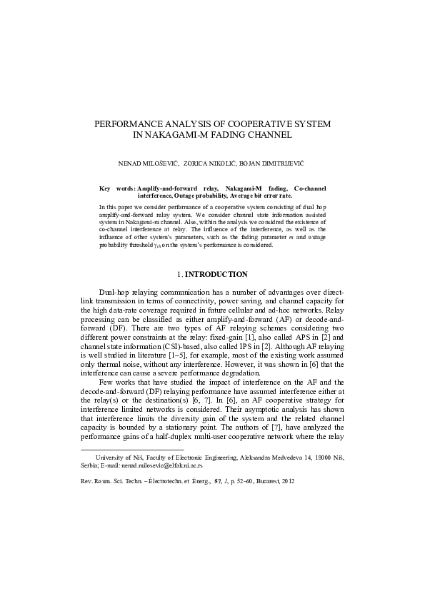 Pdf Performance Analysis Of Cooperative System In Nakagami M Fading