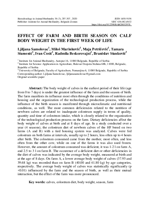 (PDF) Effect of farm and birth season on calf body weight in the first ...