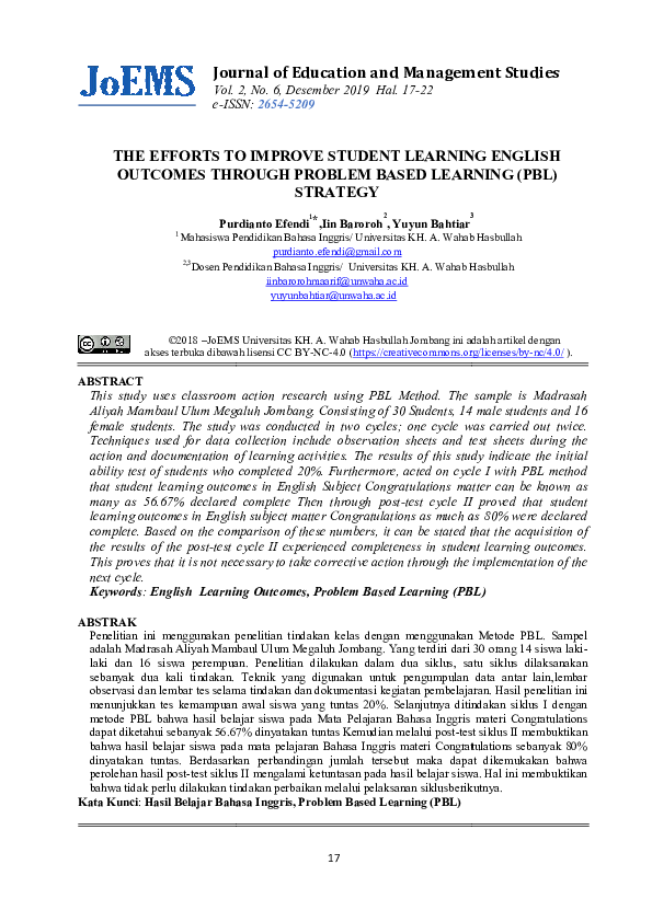 (PDF) The Efforts to Improve Student Learning Outcomes Through Problem Based Learning (PBL ...