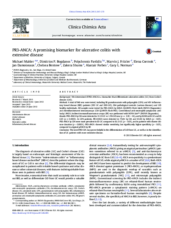 (PDF) PR3-ANCA: A promising biomarker for ulcerative colitis with ...