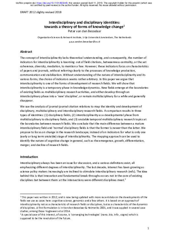 (PDF) Interdisciplinary and disciplinary identities: towards a theory of forms of knowledge change1