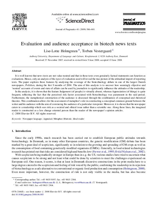 (PDF) Evaluation and audience acceptance in biotech news texts