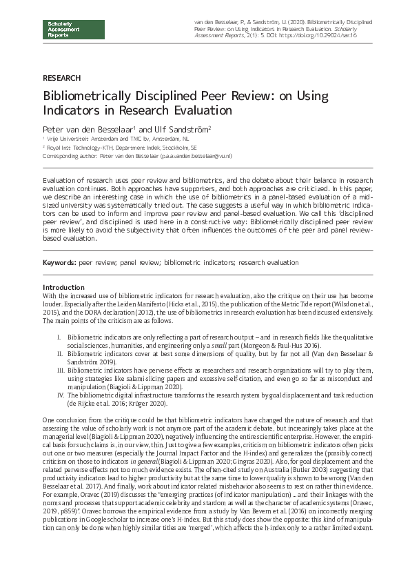 (PDF) Bibliometrically Disciplined Peer Review: on Using Indicators in ...