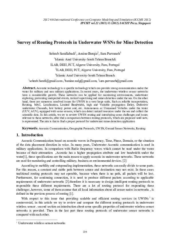 Pdf Survey Of Routing Protocols In Underwater Wsns For Mine Detection