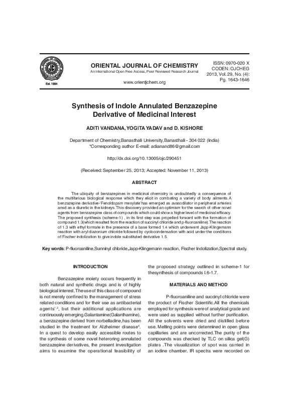 (PDF) Synthesis of Indole Annulated Benzazepine Derivative of Medicinal ...