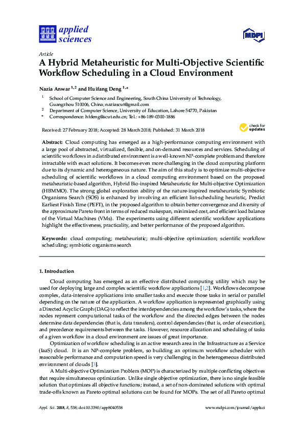 (PDF) A Hybrid Metaheuristic for Multi-Objective Scientific Workflow Scheduling in a Cloud ...