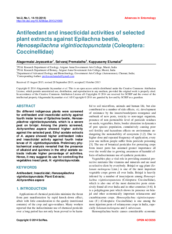 (PDF) Antifeedant and insecticidal activities of selected plant ...