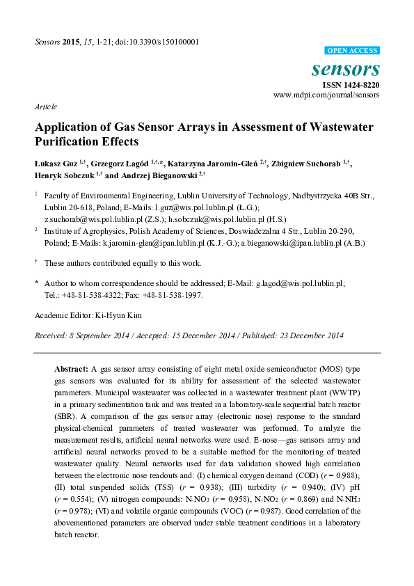 (PDF) Article Application of Gas Sensor Arrays in Assessment of Wastewater Purification Effects