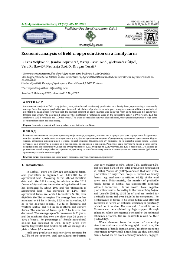 (PDF) Economic analysis of field crop production on a family farm