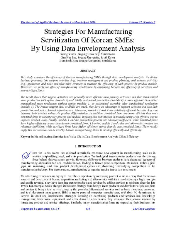 (PDF) Strategies For Manufacturing Servitization Of Korean SMEs: By Using Data Envelopment Analysis