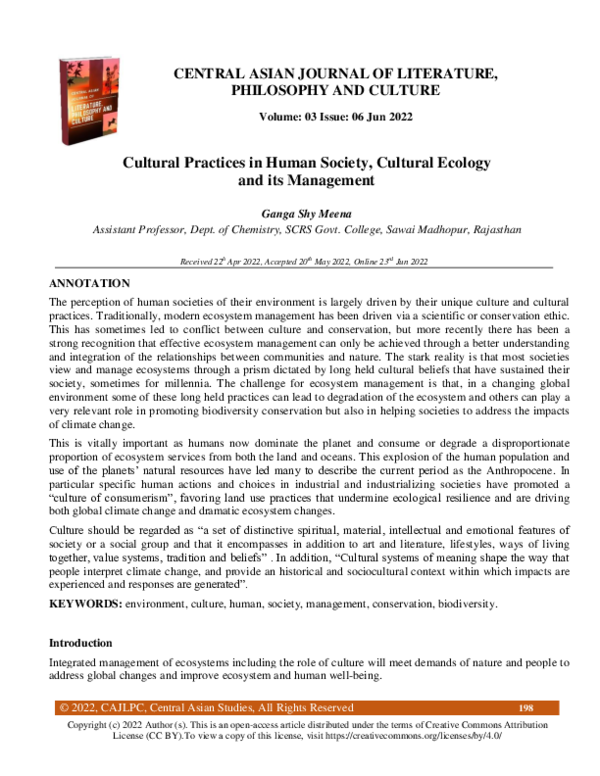 (PDF) Cultural Practices in Human Society, Cultural Ecology and its ...