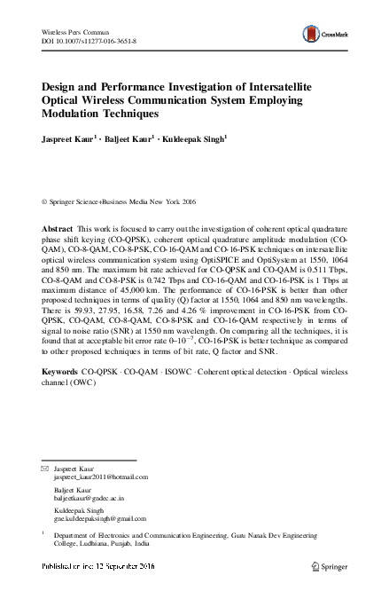 Pdf Design And Performance Investigation Of Intersatellite Optical Wireless Communication