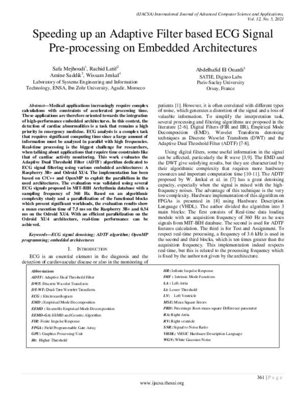 (PDF) Speeding up an Adaptive Filter based ECG Signal Pre-processing on Embedded Architectures