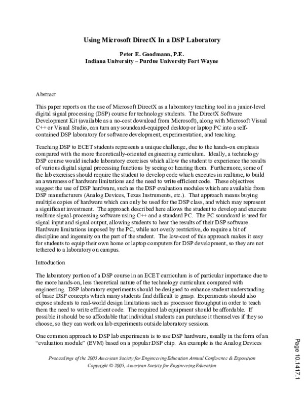 (PDF) Using Microsoft Directx In A Dsp Laboratory