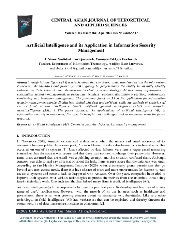 (PDF) Artificial Intelligence and its Application in Information Security Management