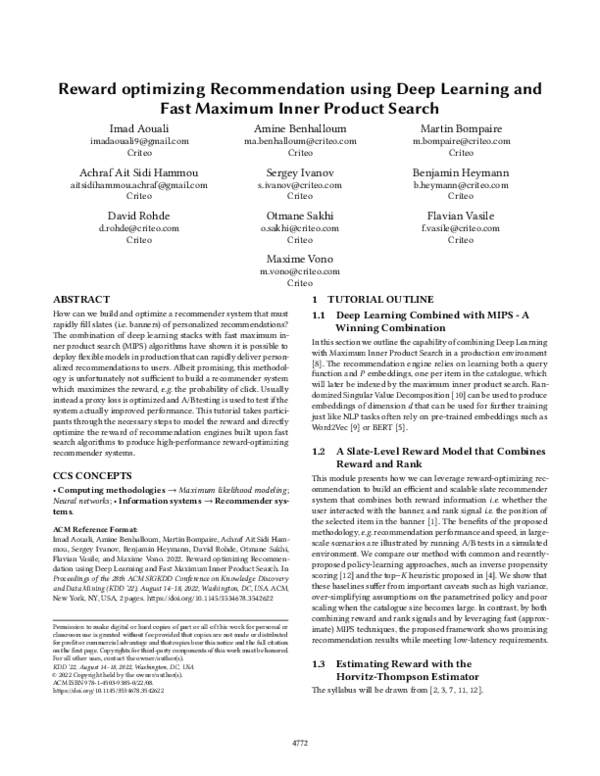 Pdf Reward Optimizing Recommendation Using Deep Learning And Fast Maximum Inner Product Search