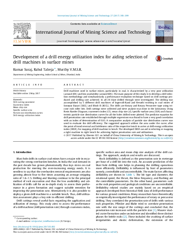 (PDF) Development of a drill energy utilization index for aiding selection of drill machines in ...