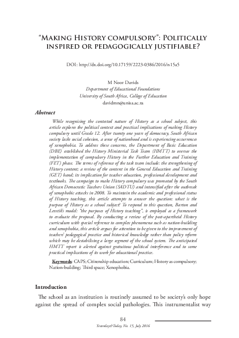 (PDF) Making History compulsory": Politically inspired or pedagogically ...