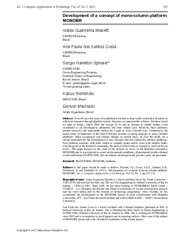 Pdf Development Of A Concept Of Mono Column Platform Monobr Sergio H Sphaier