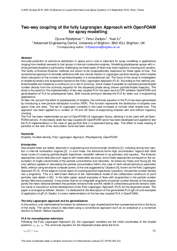 Pdf Two Way Coupling Of The Fully Lagrangian Approach With Openfoam