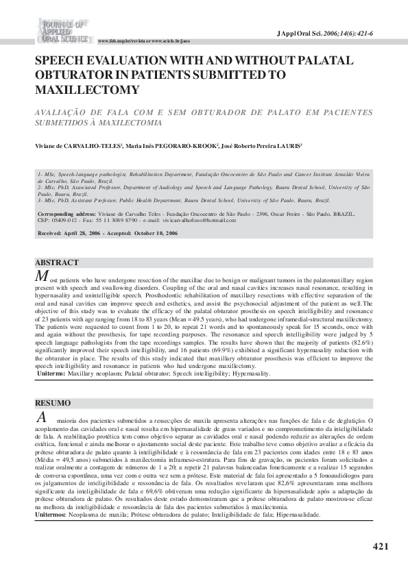 (PDF) Speech evaluation with and without palatal obturator in patients ...