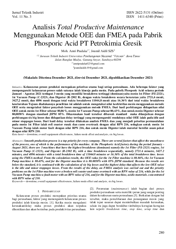 (PDF) Analisis Total Productive Maintenance Menggunakan Metode OEE dan FMEA pada Pabrik ...