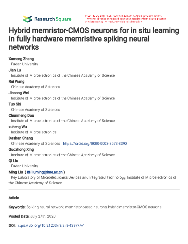 Pdf Hybrid Memristor Cmos Neurons For In Situ Learning In Fully Hardware Memristive Spiking