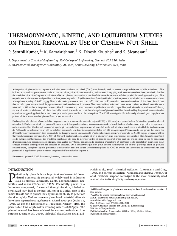 (PDF) Thermodynamic, kinetic, and equilibrium studies on phenol removal by use of cashew nut ...