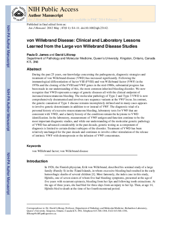 (PDF) von Willebrand disease: Clinical and laboratory lessons learned ...