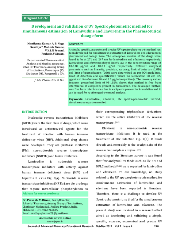 Pdf Development And Validation Of Uv Spectrophotometric Method For Simultaneous Estimation Of