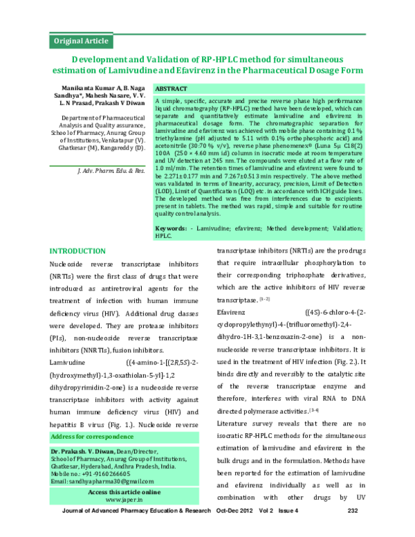 Pdf Development And Validation Of Rp Hplc Method For Simultaneous Estimation Of Lamivudine And
