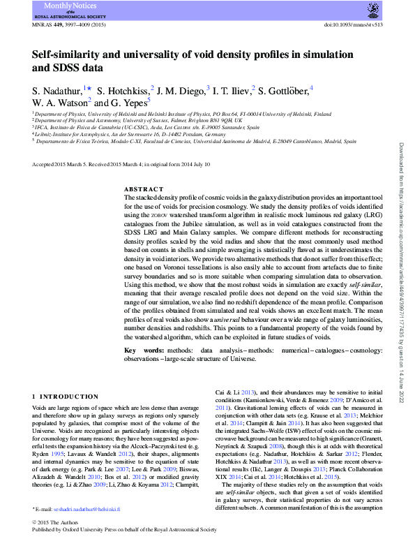(PDF) Self-similarity and universality of void density profiles in simulation and SDSS data