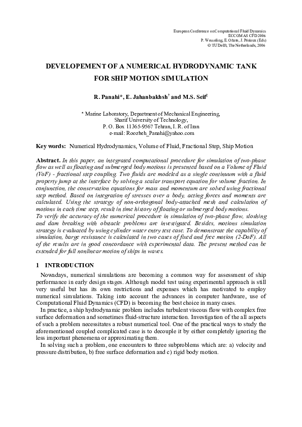 (PDF) Development of a numerical hydrodynamic tank for ship motion simulation