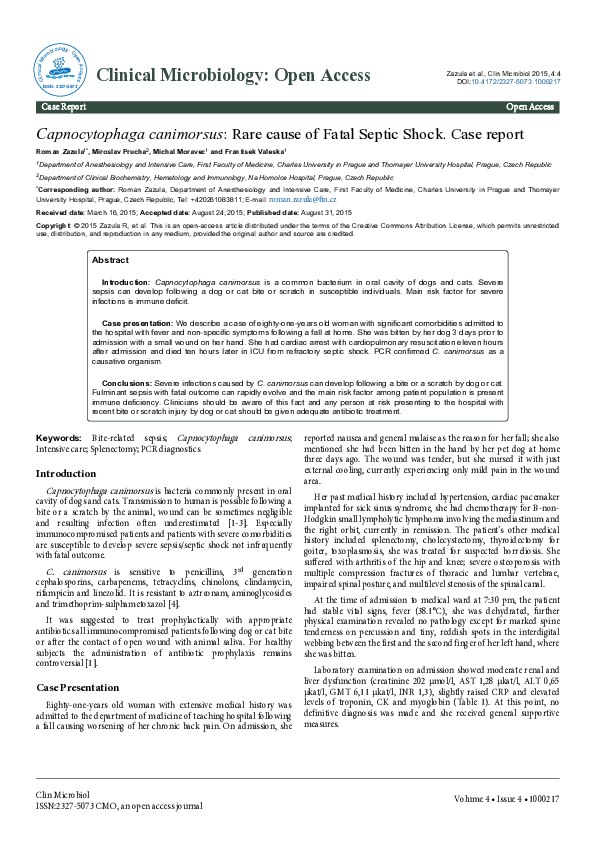 (PDF) Capnocytophaga canimorsus: Rare cause of Fatal Septic Shock. Case ...