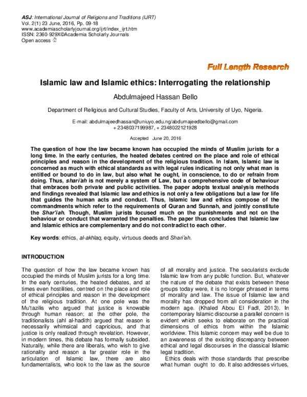 (PDF) Islamic law and Islamic ethics: Interrogating the relationship