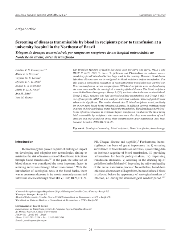 (PDF) Screening of diseases transmissible by blood in recipients prior ...
