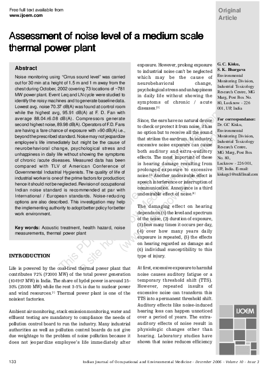 (PDF) Assessment of noise level of a medium scale thermal power plant