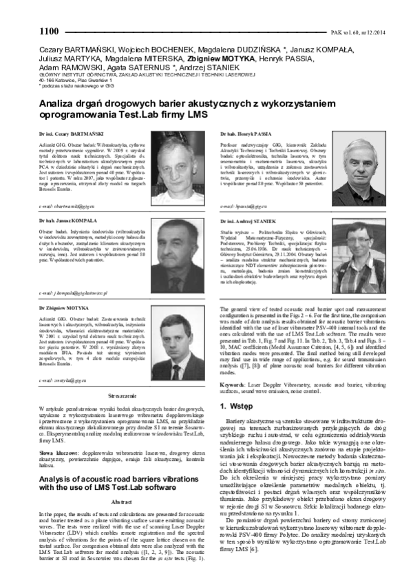(PDF) Analiza drgań drogowych barier akustycznych z wykorzystaniem ...