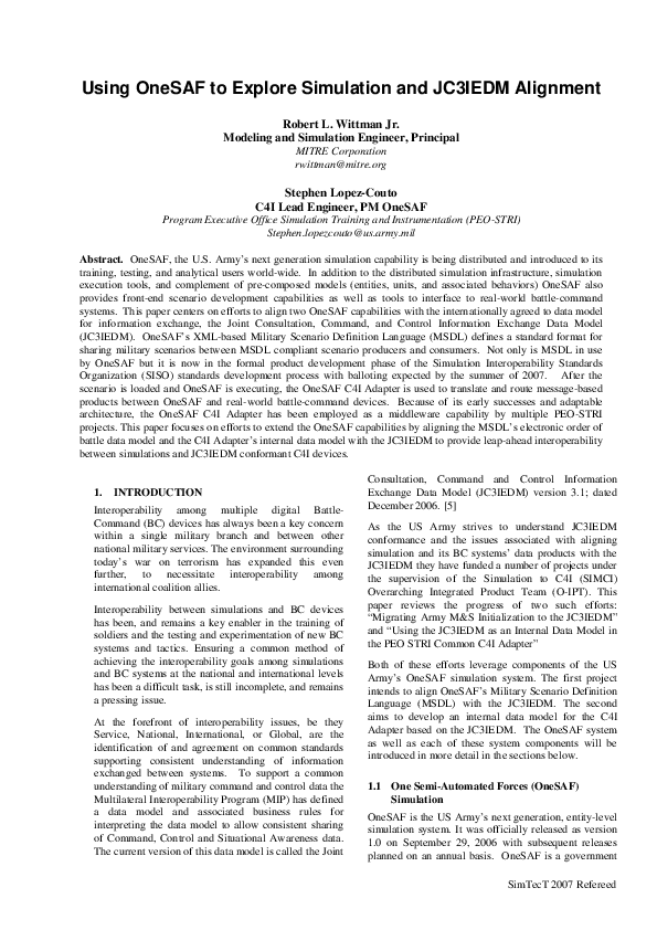 (PDF) Using OneSAF to Explore Simulation and JC3IEDM Alignment